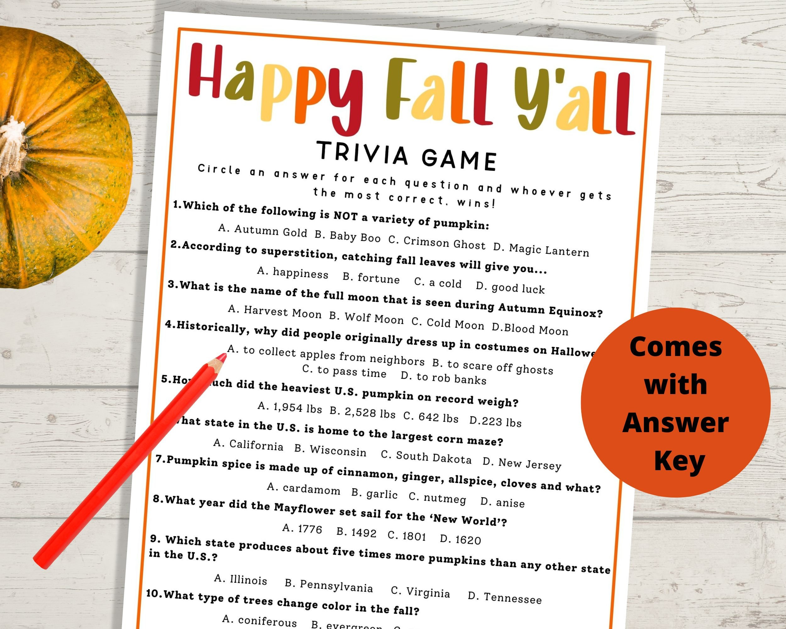 Fall Trivia Game Autumn Trivia Quiz, Fall Printables, Printable Family ...