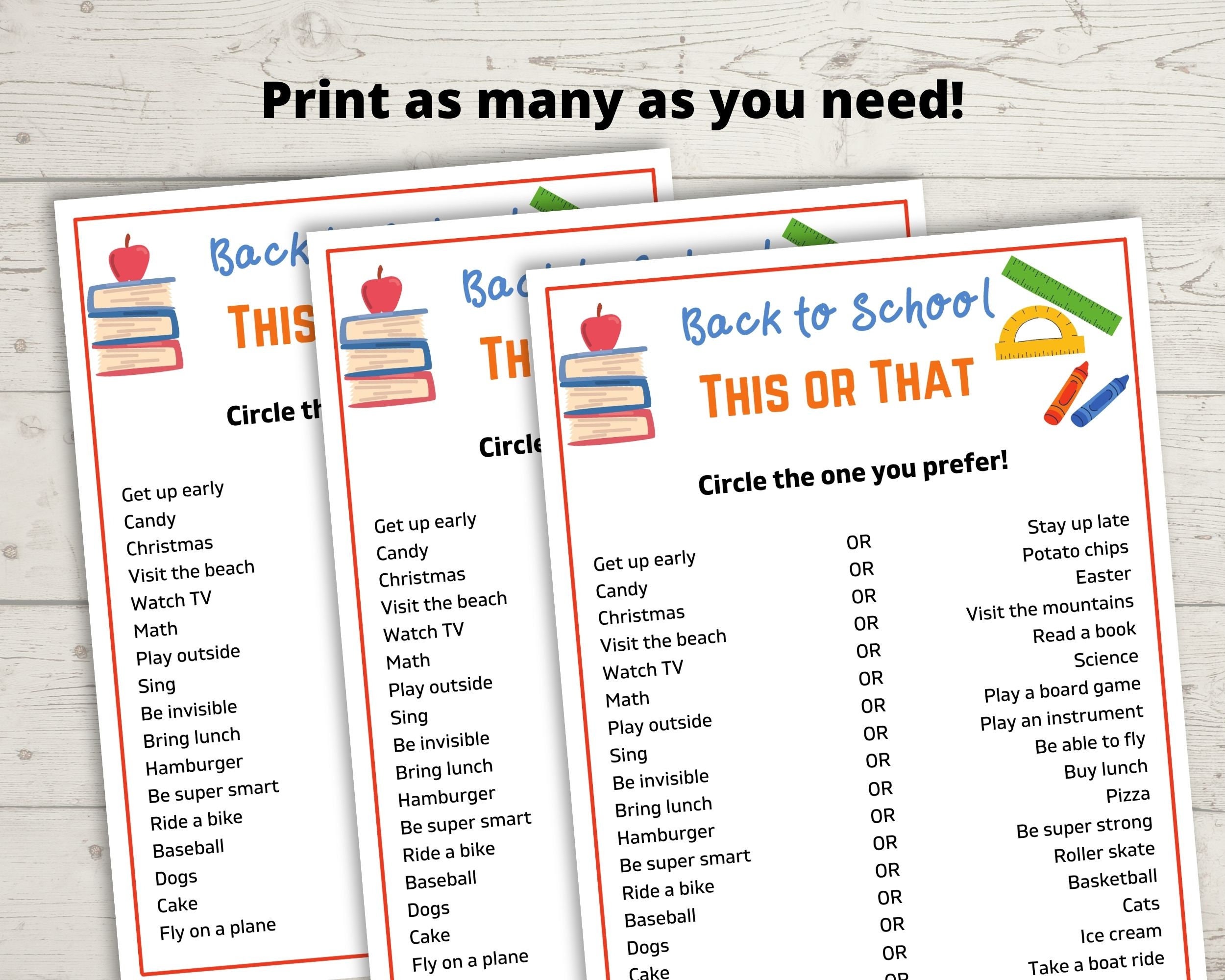 Back to School This or That Children's Game First Day of - Etsy