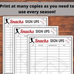 Baseball Snack Sign up Sheet - Baseball Printable, Baseball Snacks Sign ...