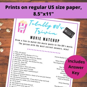 80's Movie Matchup Trivia Game - 80s Themed Birthday Game, 1980s Party ...