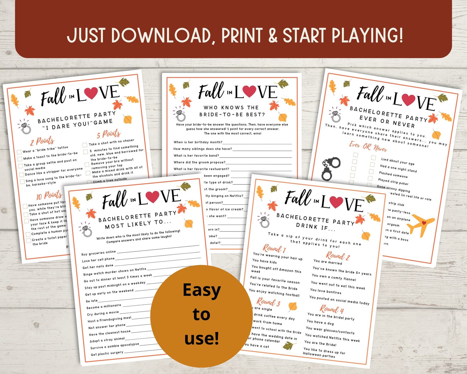 Fall Bachelorette Party Game Bundle Autumn Bachelorette Party Games ...