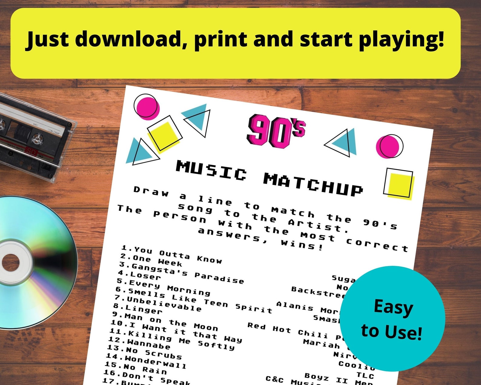 90's Music Matchup Trivia Game 90s Themed Birthday Game - Etsy