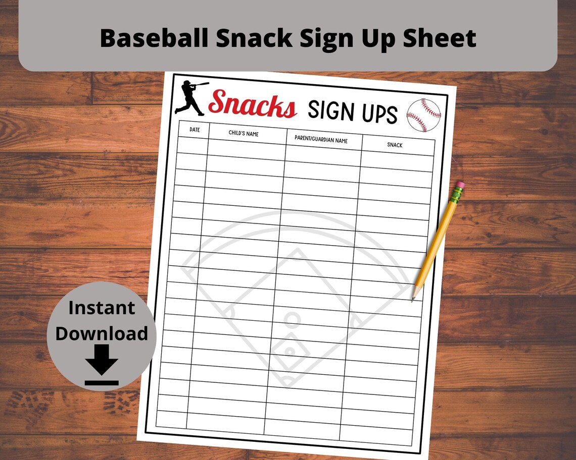 Baseball Snack Sign up Sheet Baseball Printable Baseball - Etsy