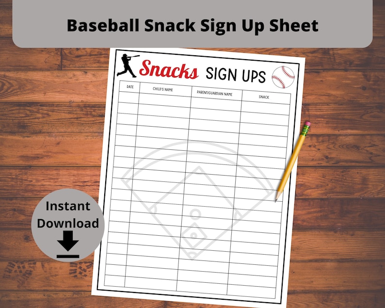Baseball Snack Sign up Sheet - Baseball Printable, Baseball Snacks Sign ...