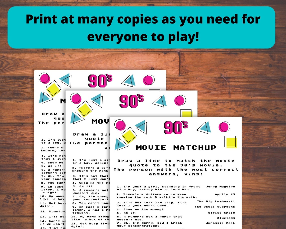 90's Movie Matchup Trivia Game - 90s Themed Birthday Game, 1990s Party ...