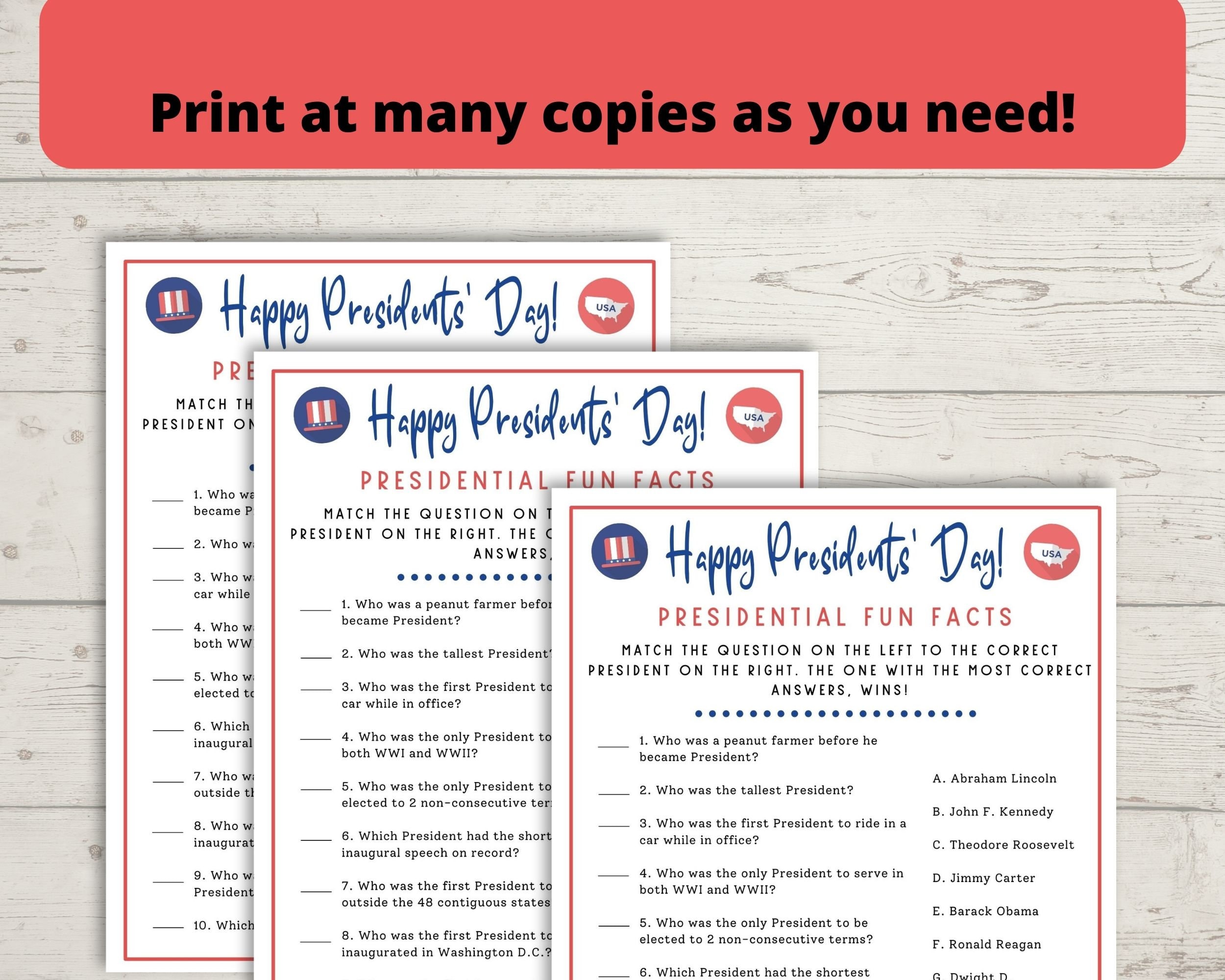 Presidents' Day Trivia Game Presidents' Day Fun Facts Game, US ...