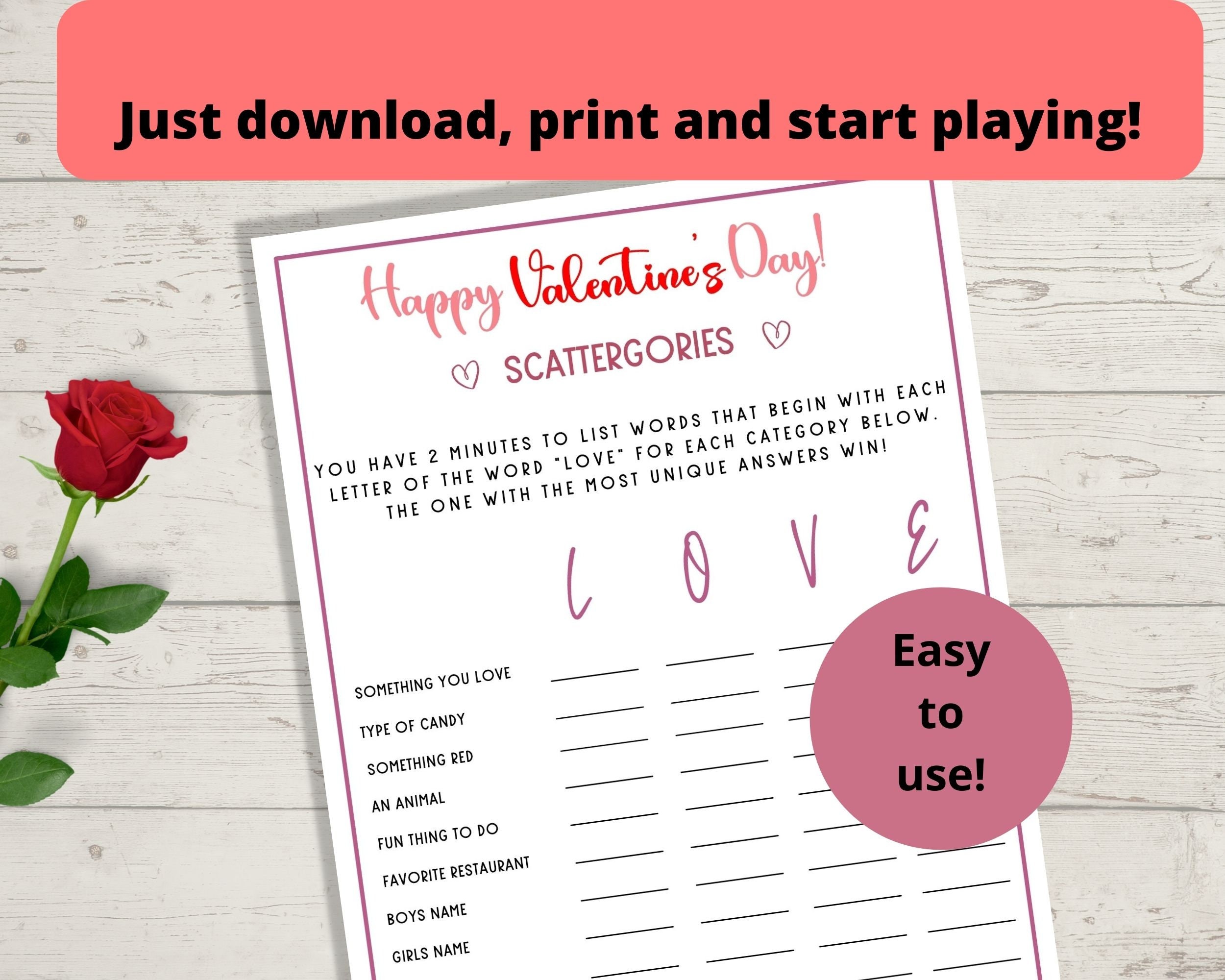 Valentine's Day Scattergories Game Valentine's Day Children's Activity ...