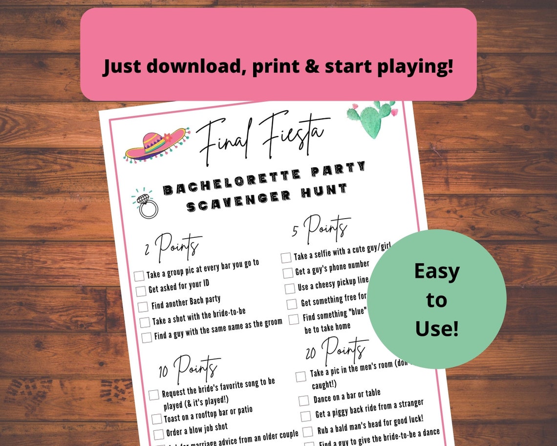Final Fiesta Bachelorette Party Scavenger Hunt Game - Printable Mexican ...