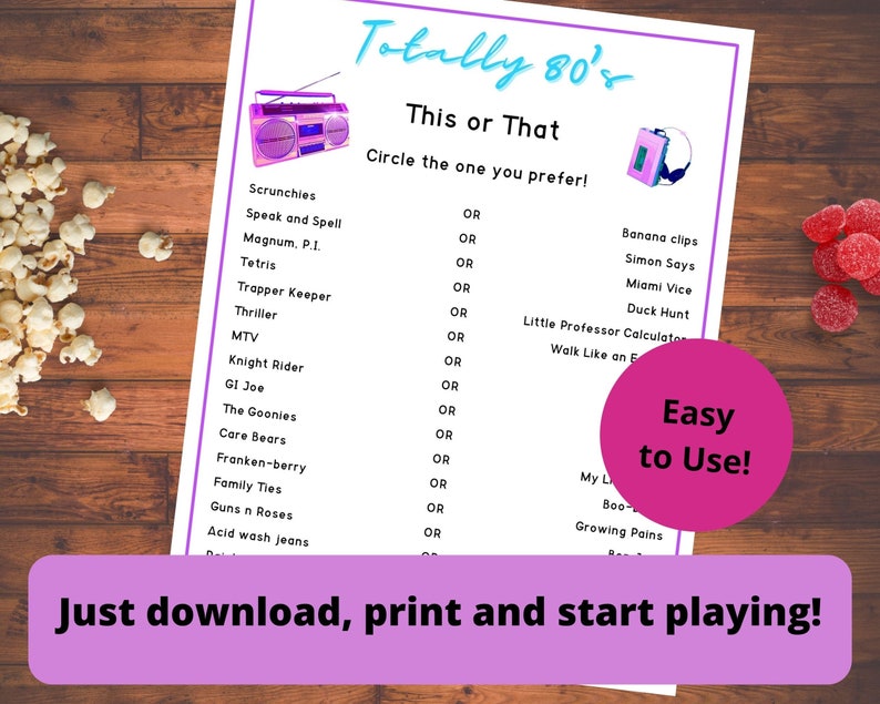 80's Party Games - This or That Game, 80s Themed Game, 50th or 40th ...