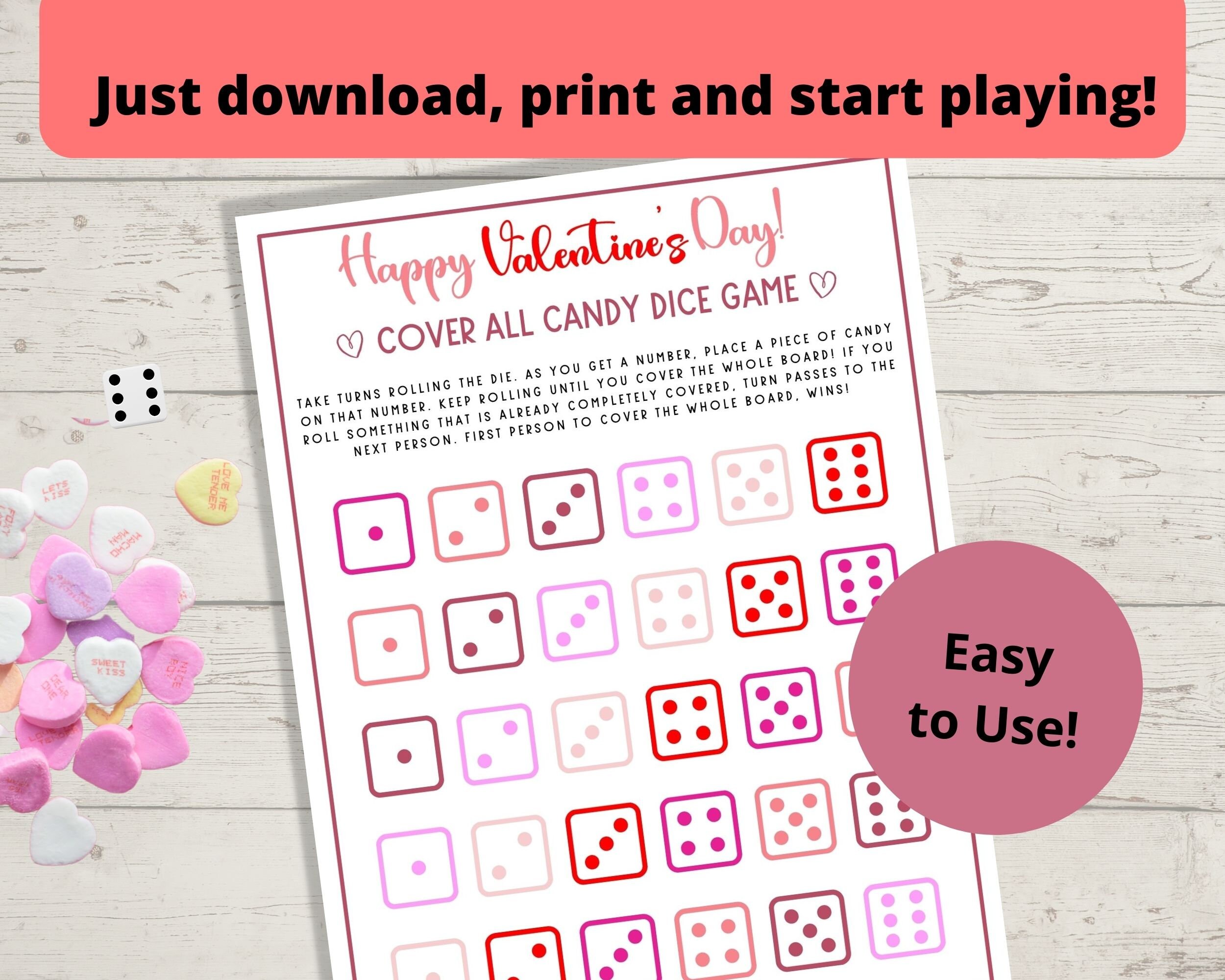 Valentine's Day Cover All Candy Dice Kid's Game - Valentine Dice Game ...