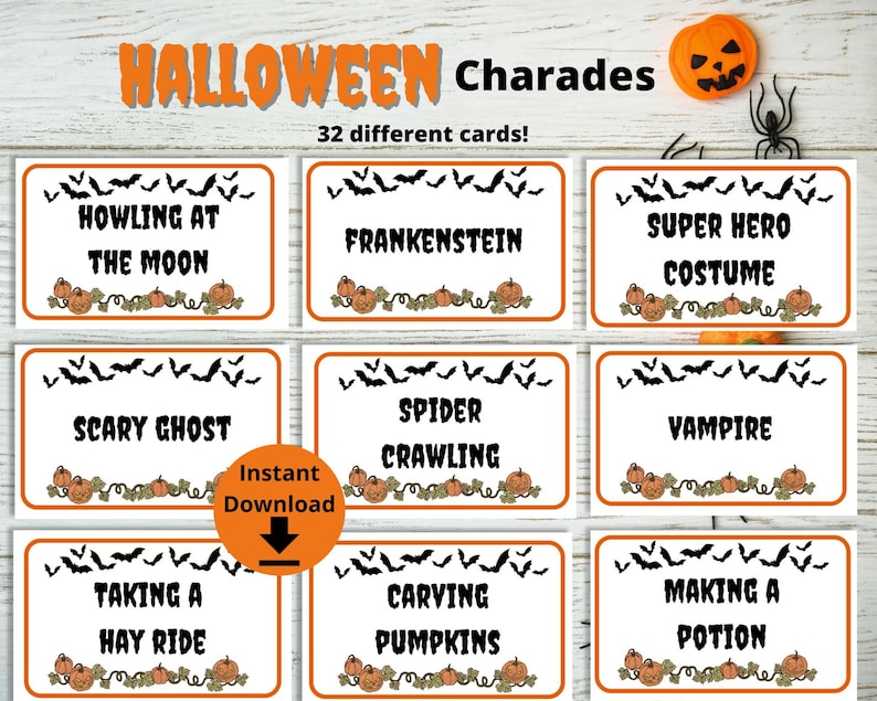 Halloween Charades - Halloween Game, Halloween Charade Cards, Halloween ...