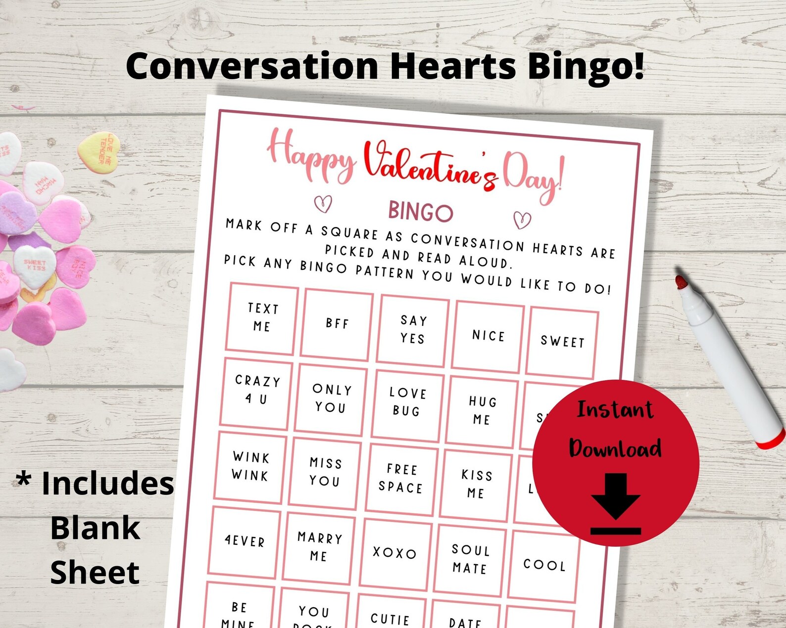 Valentine's Day Bingo Game - Conversation Heart Bingo Boards, Bingo ...