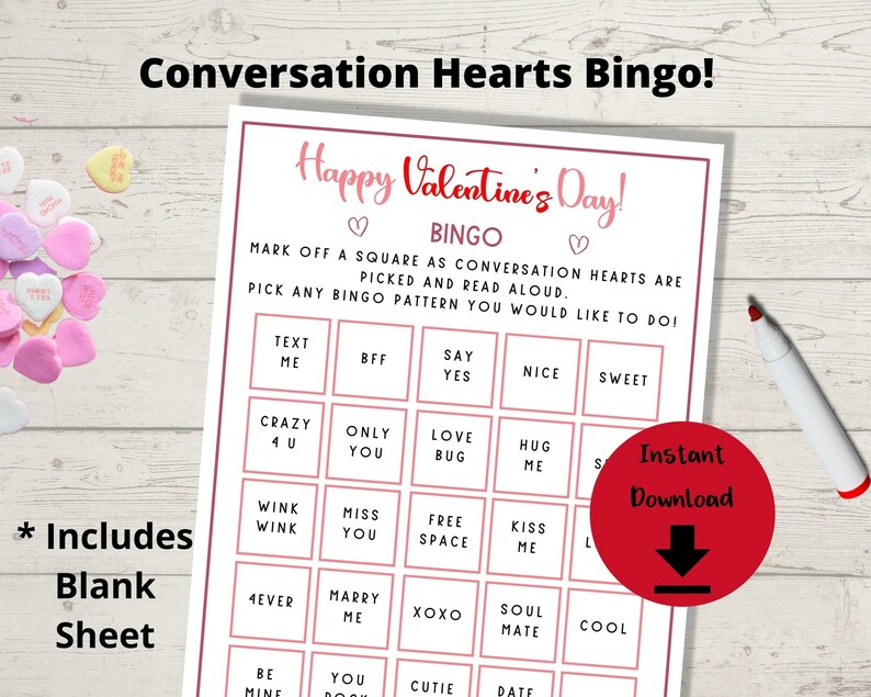 Valentine's Day Bingo Game - Conversation Heart Bingo Boards, Bingo ...