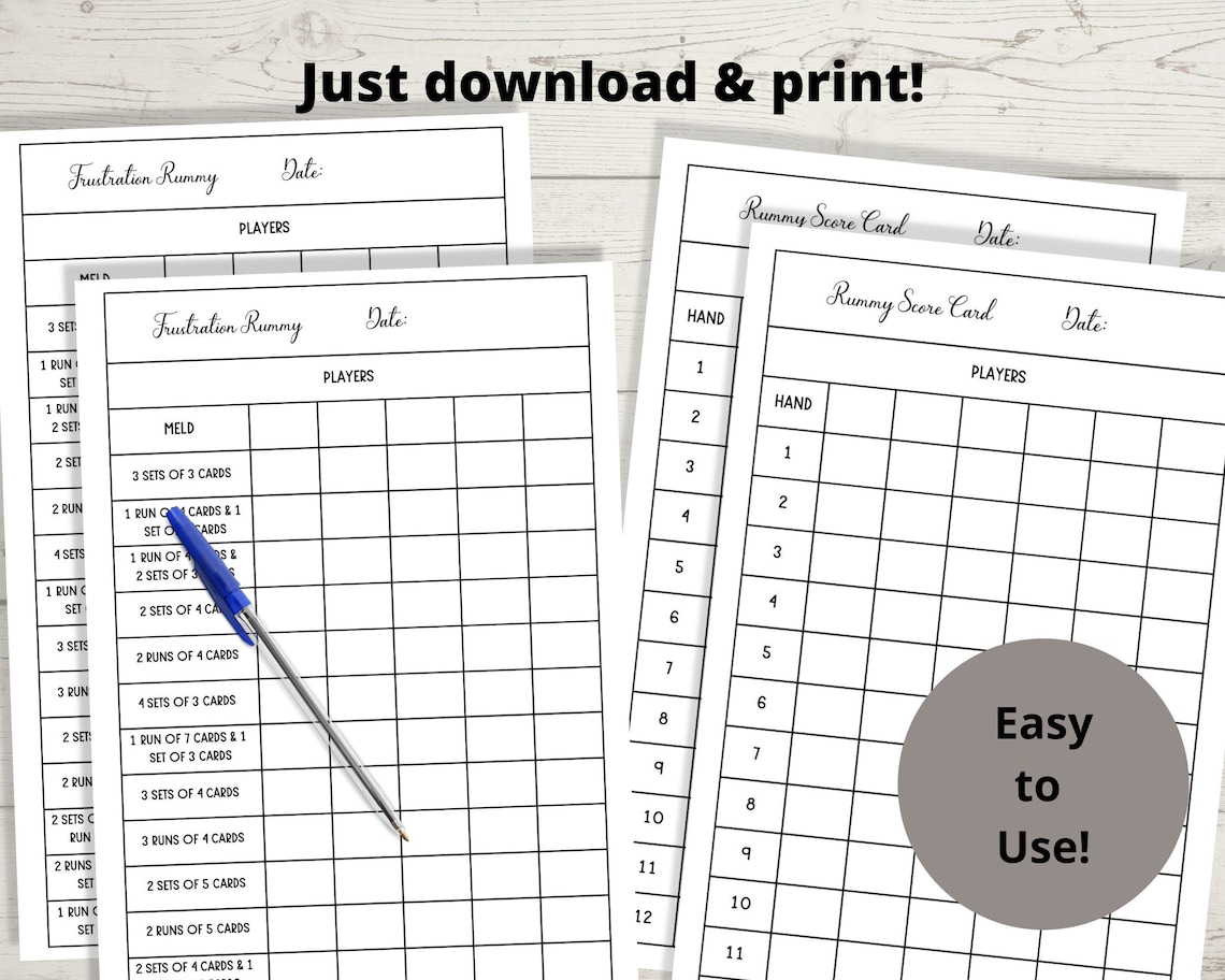 Rummy Score Sheets - Frustration Rummy Score Cards, Gin Rummy Scoring ...