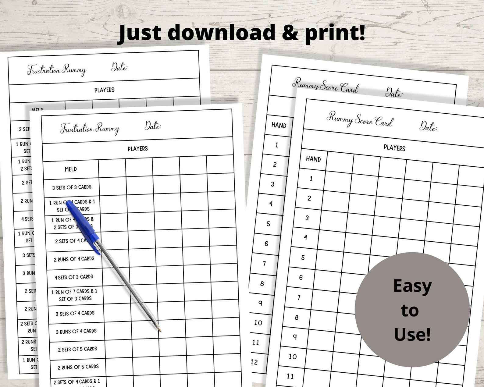 Rummy Score Sheets - Frustration Rummy Score Cards, Gin Rummy Scoring ...