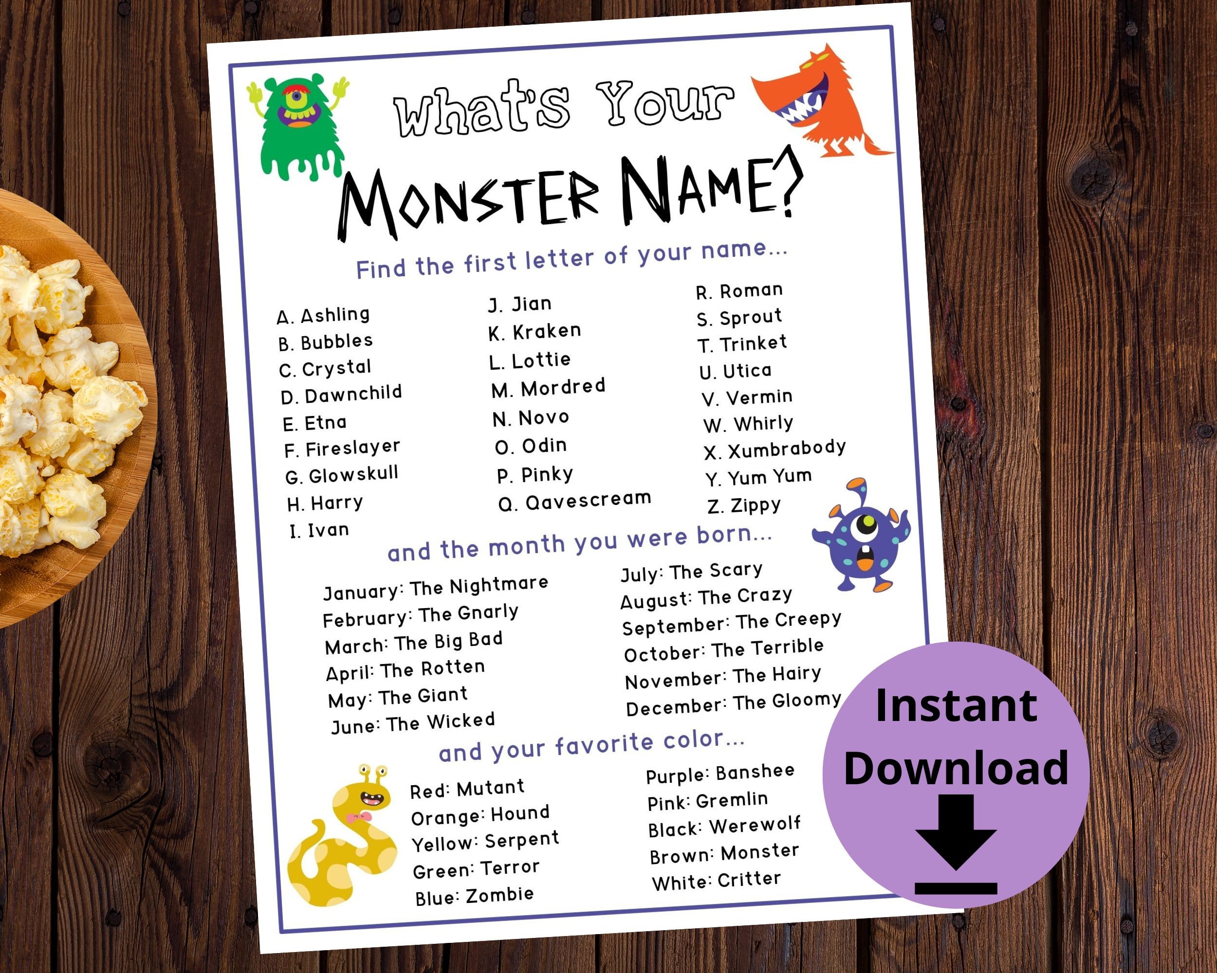 What's Your Monster Name Halloween Activity Halloween Party Printable ...