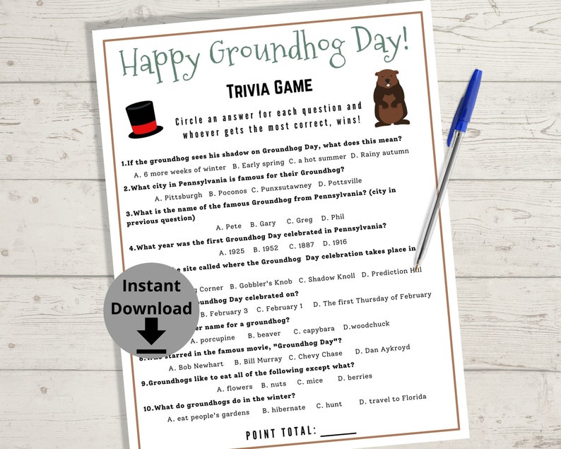 Groundhog Day Trivia Game Groundhog Day Activity, Ground Hog Day Quiz ...