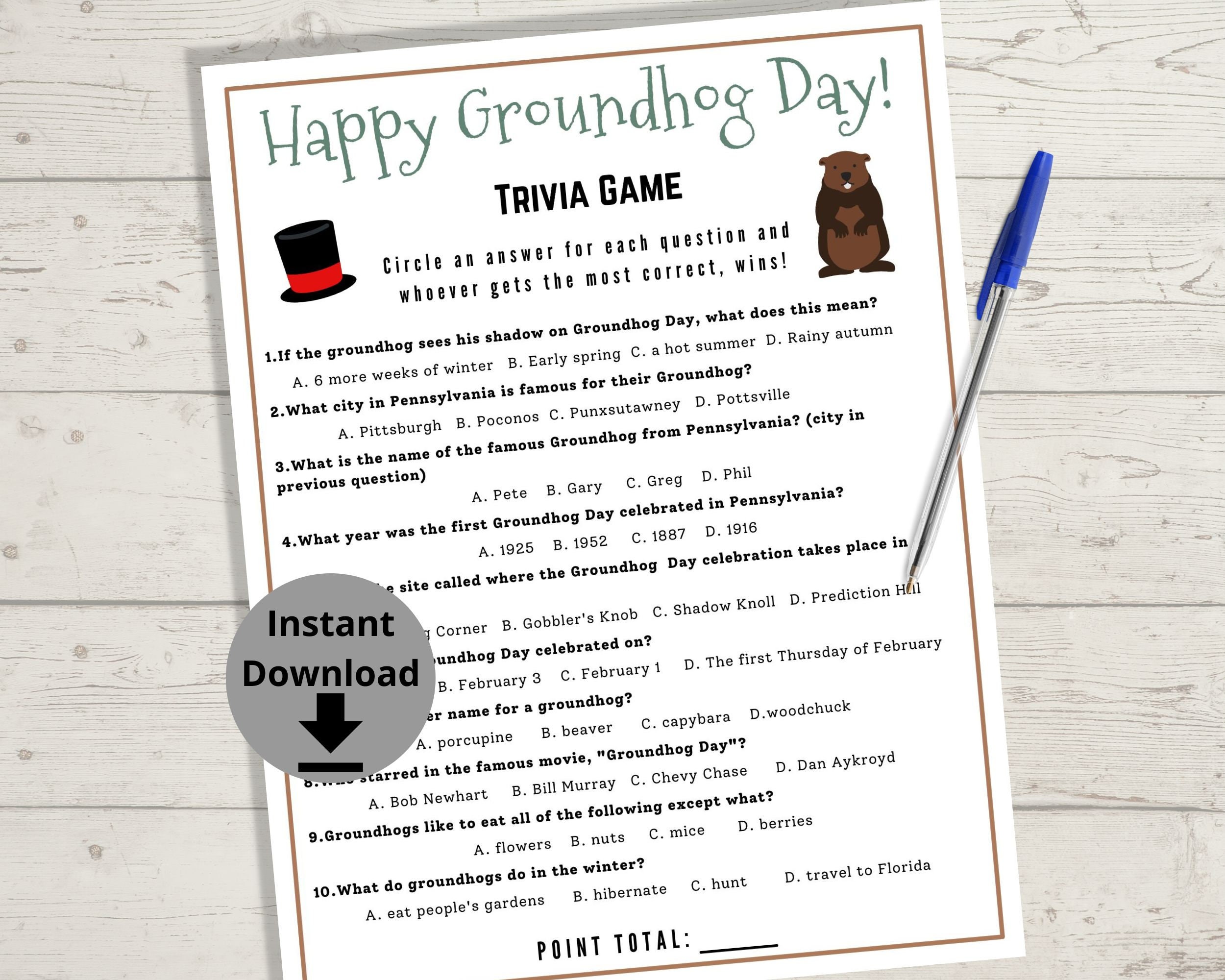 Groundhog Day Trivia Game Groundhog Day Activity, Ground Hog Day Quiz ...