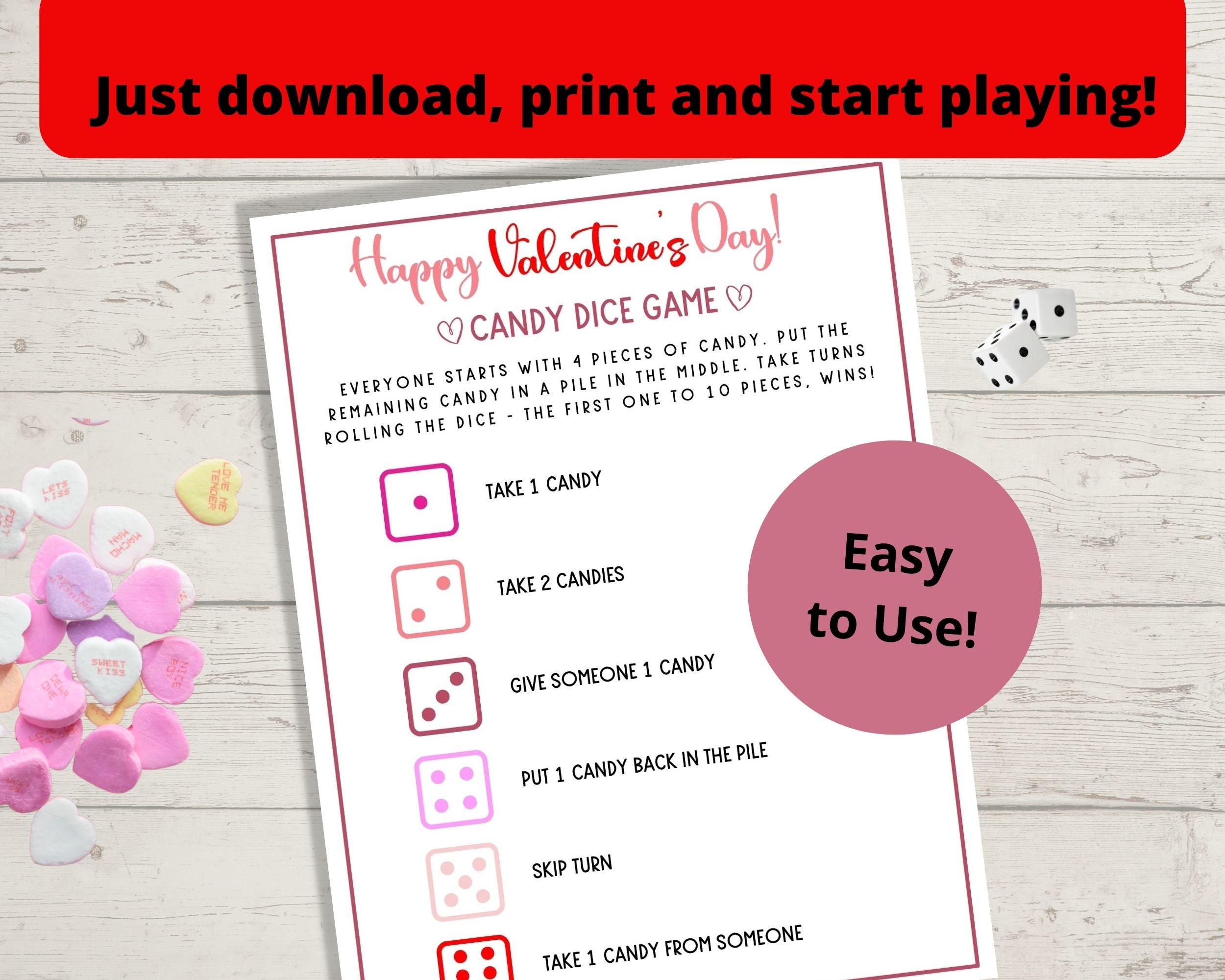 Valentine's Day Candy Dice Children's Game Valentine's Day Classroom ...