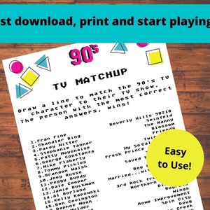 90's TV Character Matchup Trivia Game - 90s Themed Birthday Game, 1990s ...