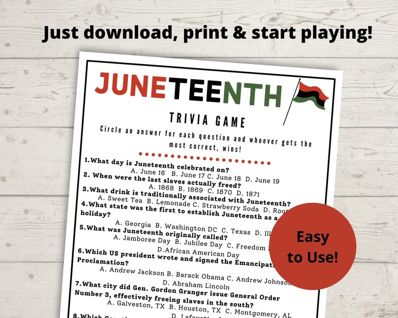 Juneteenth Trivia Game - Juneteenth Celebration Party Printable ...