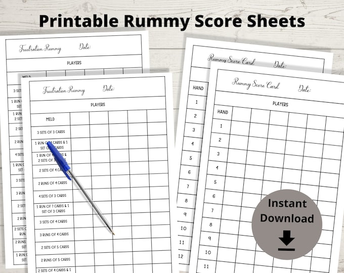 Rummy Game Score Sheets, Printable, Digital Download Chart, Gam006 ...