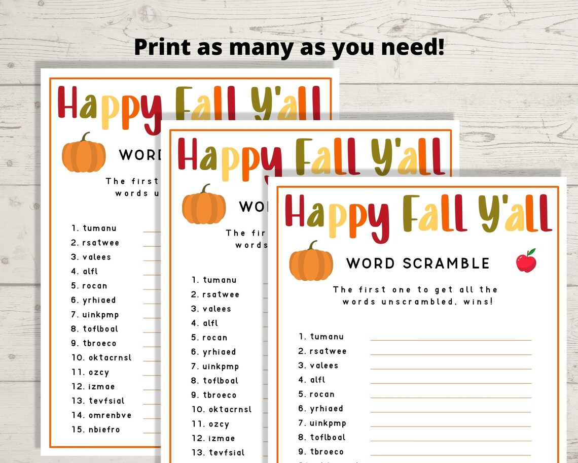 Fall Word Scramble Game - Kids Word Games, Autumn Game, Fall Printables ...