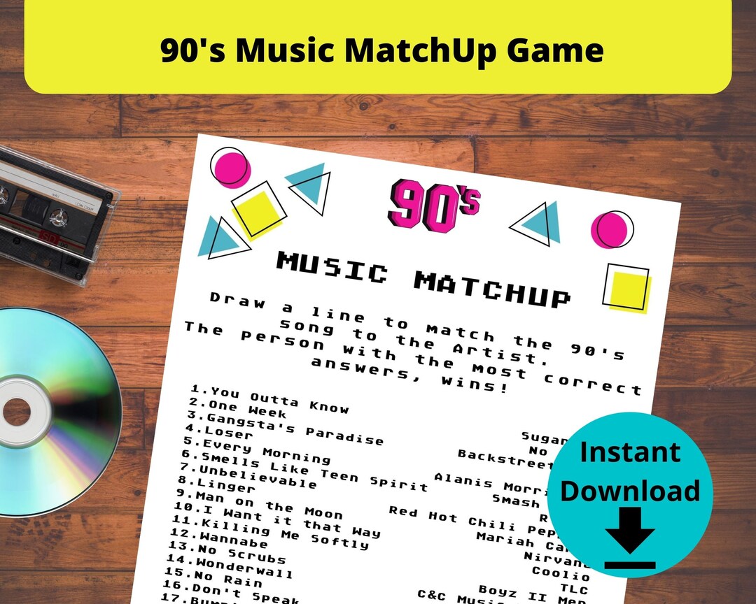 90's Music Matchup Trivia Game - 90s Themed Birthday Game, 1990s Party ...