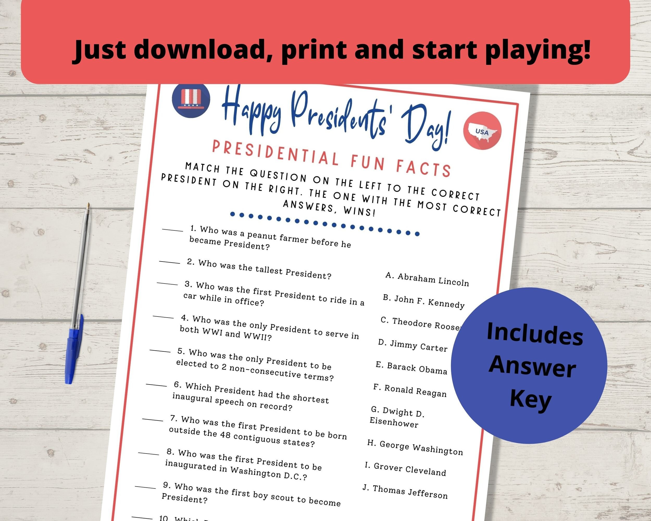 Presidents' Day Trivia Game Presidents' Day Fun Facts Game, US ...