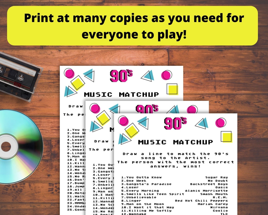 90's Music Matchup Trivia Game - 90s Themed Birthday Game, 1990s Party ...