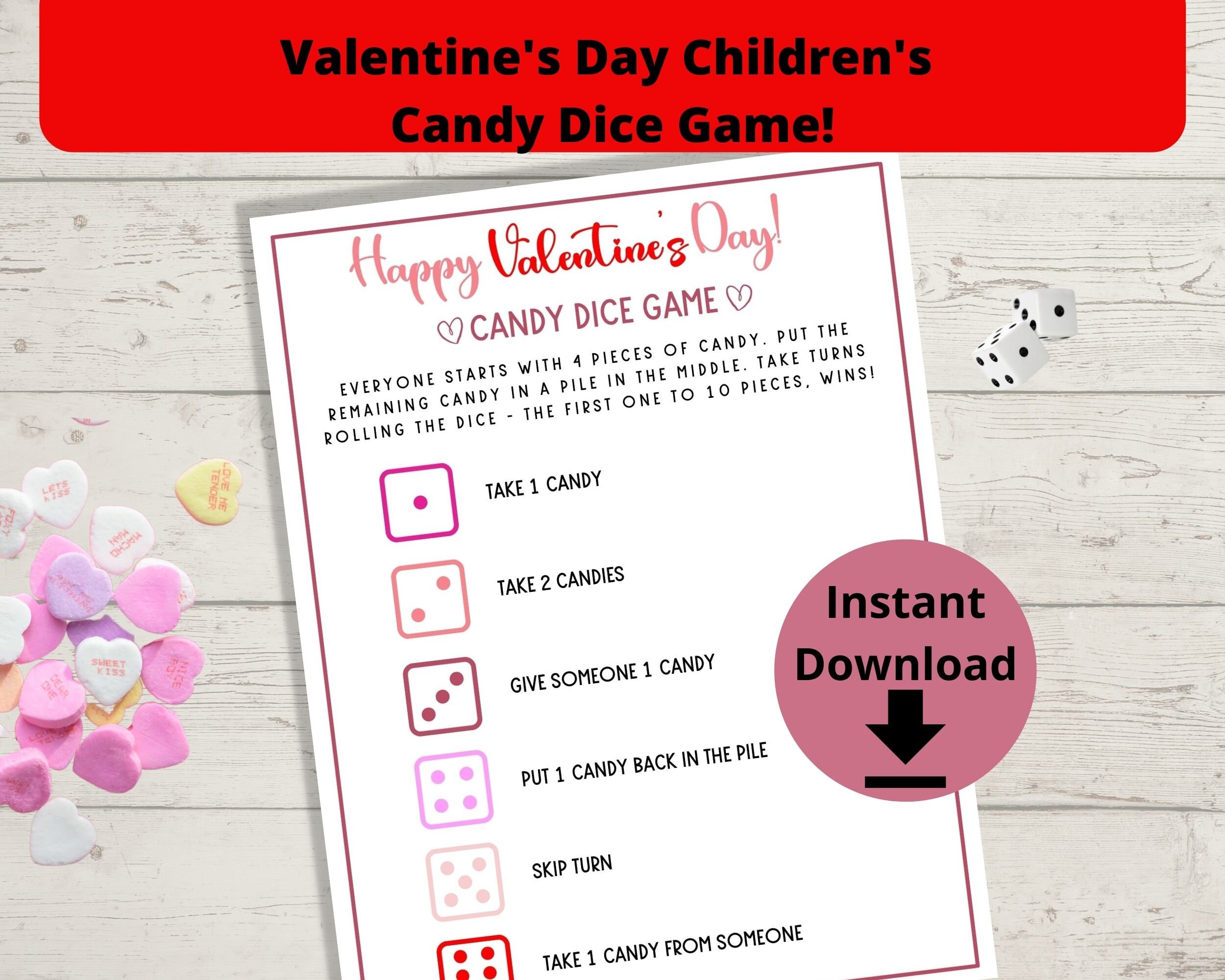Valentine's Day Candy Dice Children's Game Valentine's Day Classroom ...