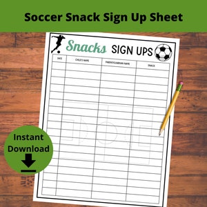 Soccer Snack Sign up Sheet - Soccer Printable, Soccer Snacks Sign Up ...