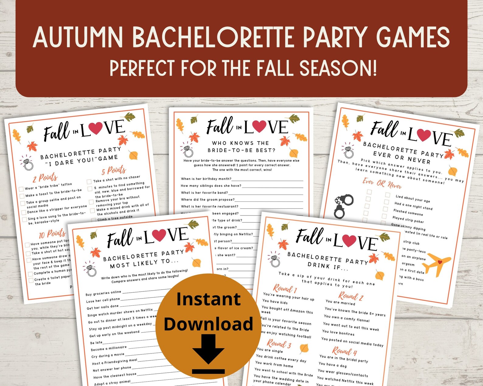 Fall Bachelorette Party Game Bundle - Autumn Bachelorette Party Games ...