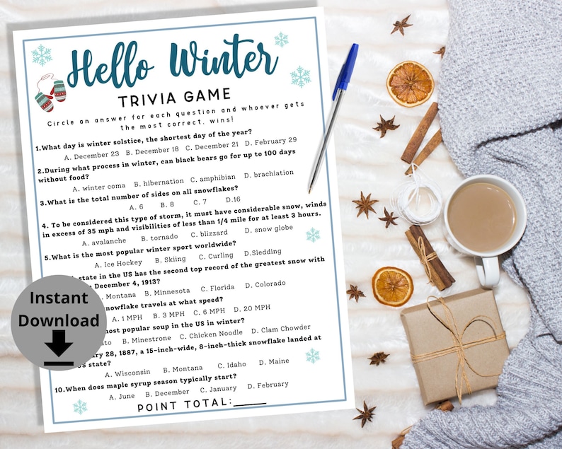 Winter Trivia Game Fun Winter Activity, Winter Icebreaker, Printable ...