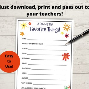Teacher Survey - Teacher's Favorite Things Questionnaire, Teacher ...