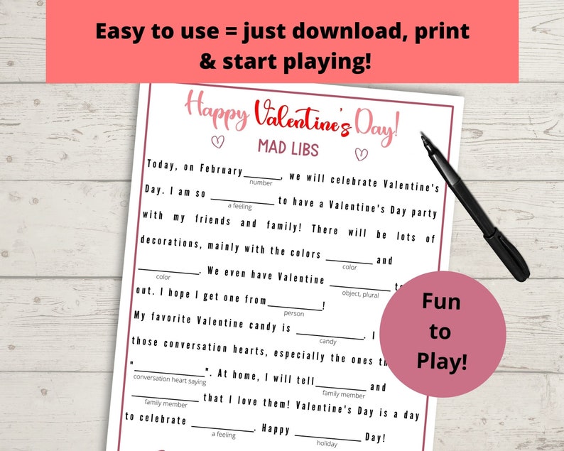 Valentine's Day Mad Lib Game - Children's Valentine Party Game, Kids ...