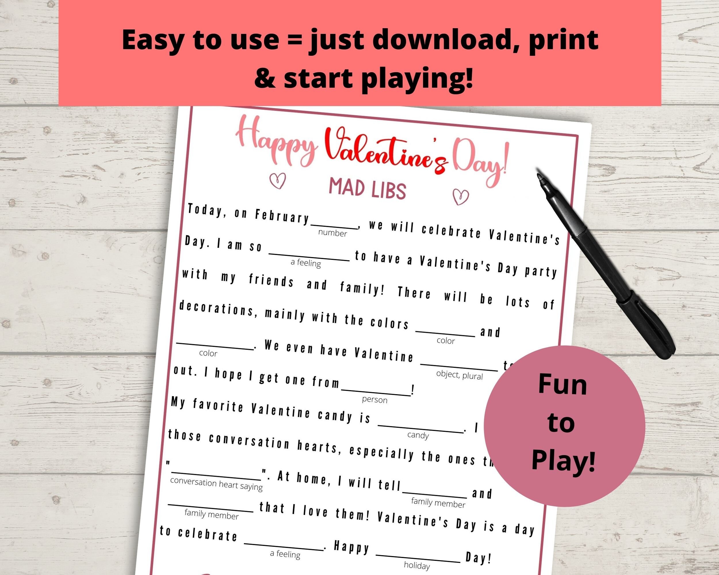 Valentine's Day Mad Lib Game - Children's Valentine Party Game, Kids ...