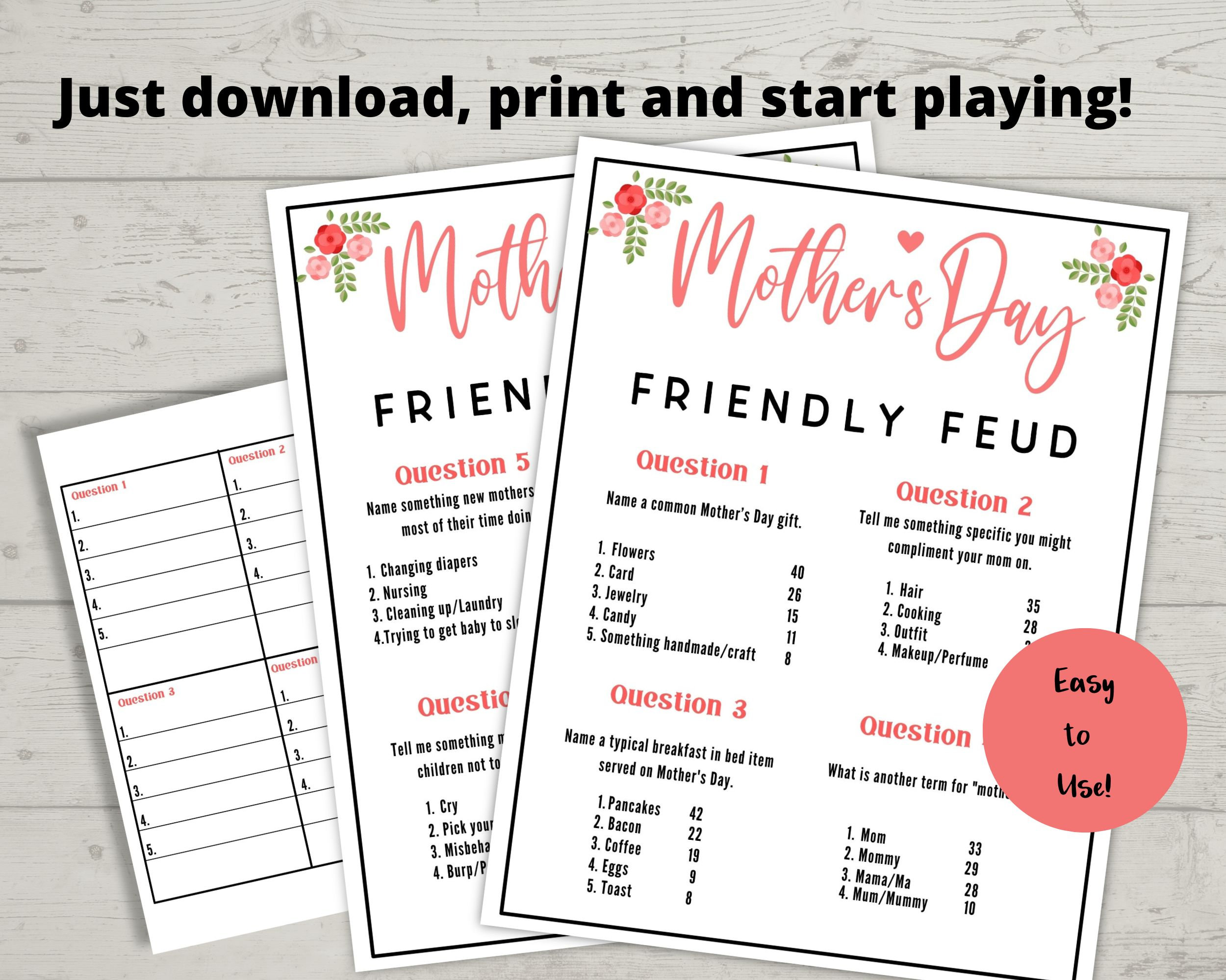 Mothers Day Friendly Feud Mother's Day Game, Fun Questions for Mom ...
