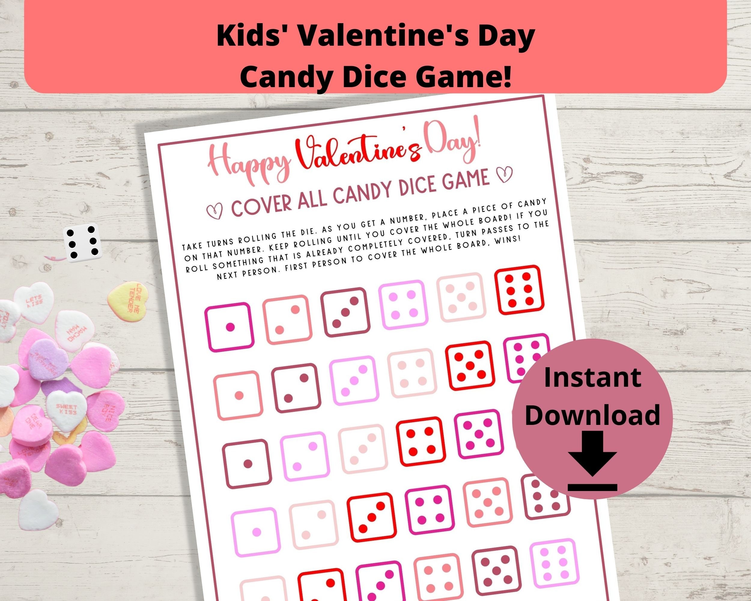 Valentine's Day Cover All Candy Dice Kid's Game - Valentine Dice Game ...