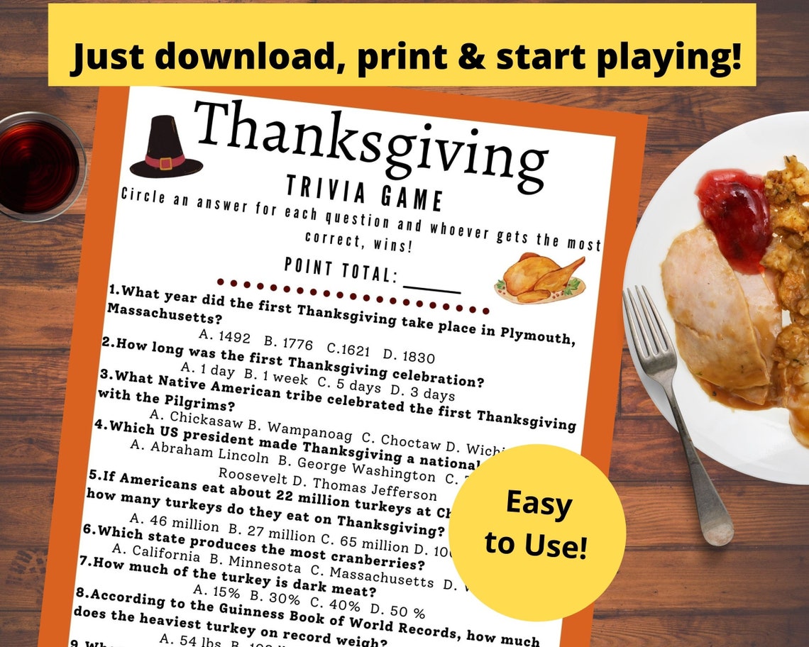 Thanksgiving Trivia Party Game Thanksgiving Printable Game - Etsy