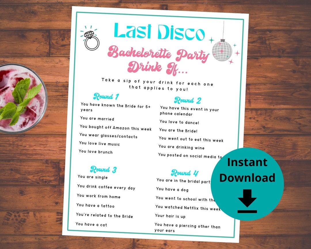 Disco Party Bachelorette Party Game, Bride's Last Disco Drink If Game ...