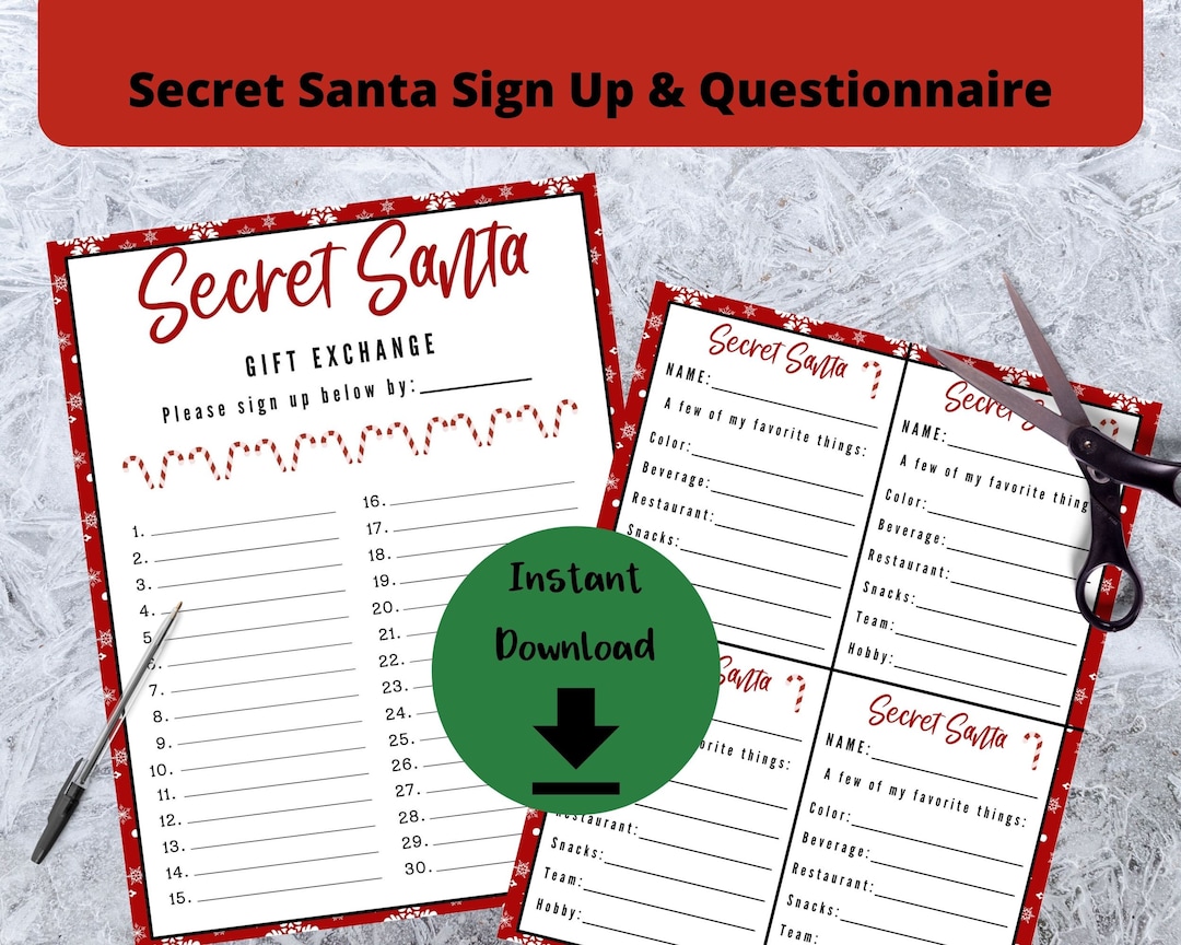 Secret Santa Gift Exchange Questionnaire and Sign up Sheet - Printable ...