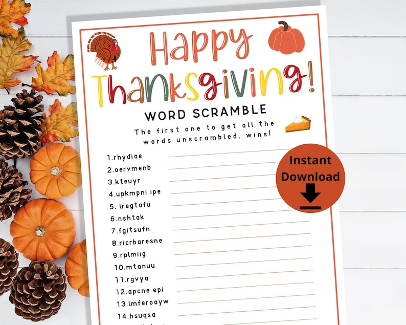 Thanksgiving Word Scramble - Word Game, Thansgiving Kids Game ...