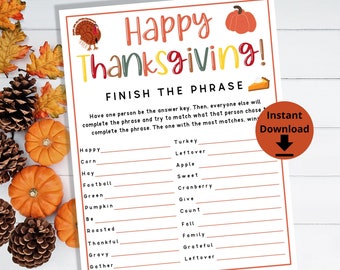 Thanksgiving Finish the Phrase Printable, Finish the Phrase Game ...