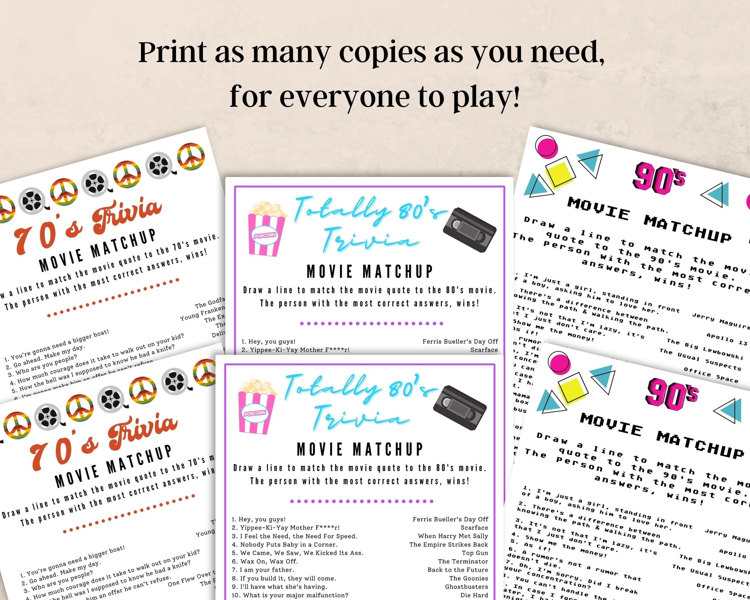 Movie Quotes Match up Game Movie Trivia Party Game 70's - Etsy