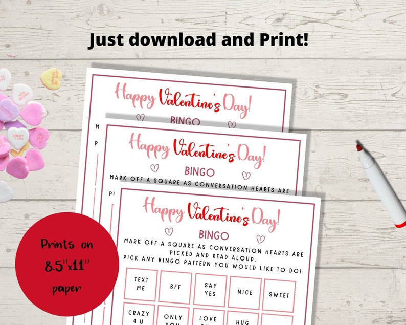 Valentine's Day Bingo Game Conversation Heart Bingo - Etsy