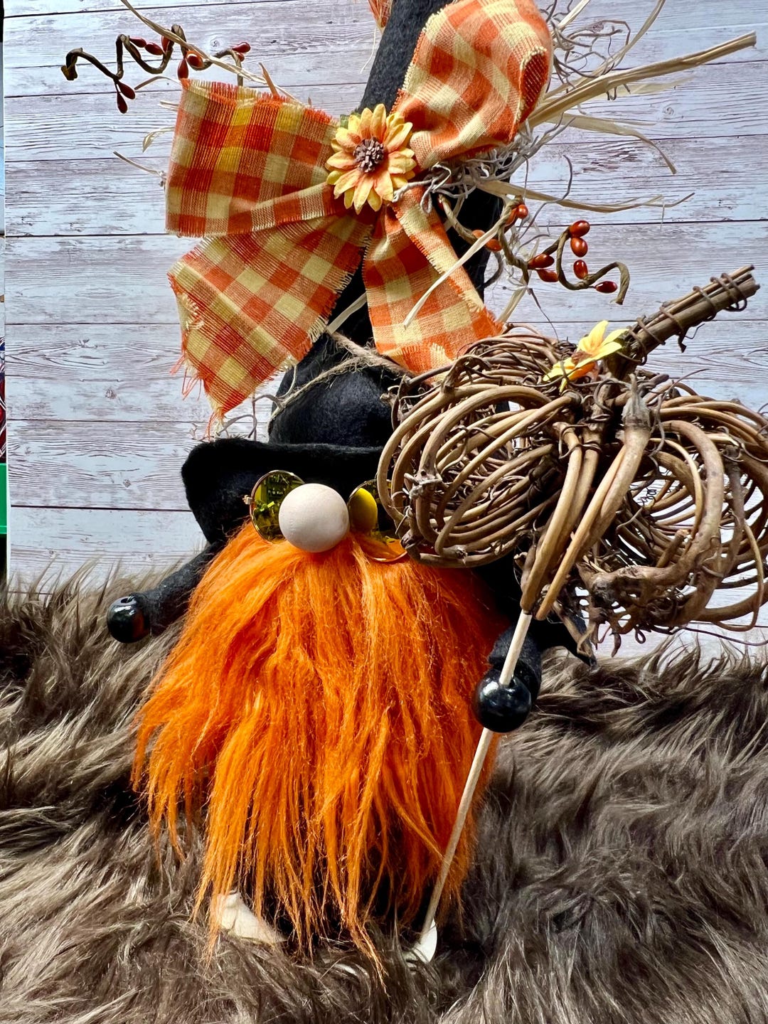 XL Fall Gnome Decor: Rustic Pumpkin Staff, Sunflower Accents, Homespun ...