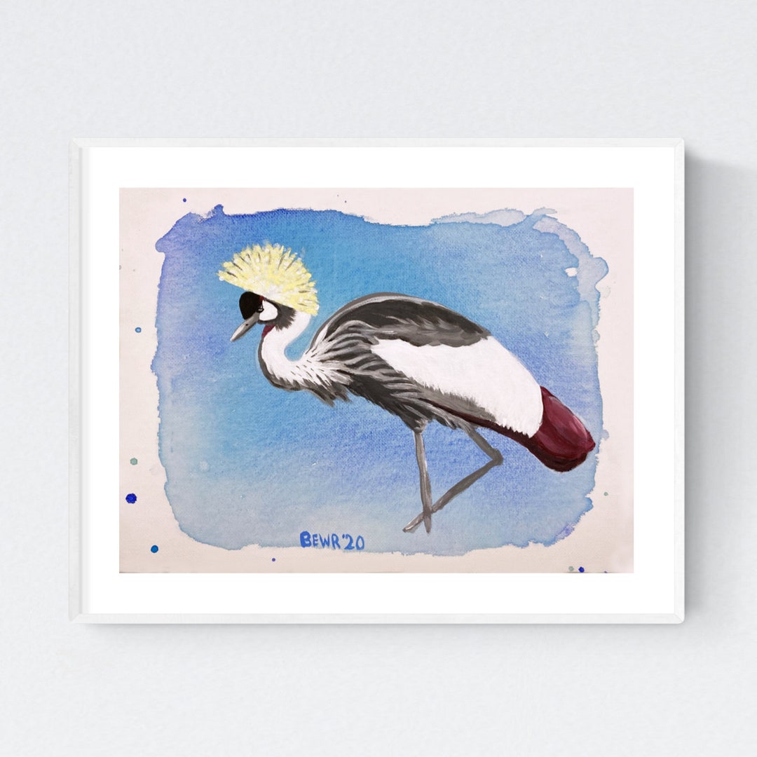 Grey Crowned Crane Art Print, 9x12, Animal Wall Art, Crane Art, Bird ...