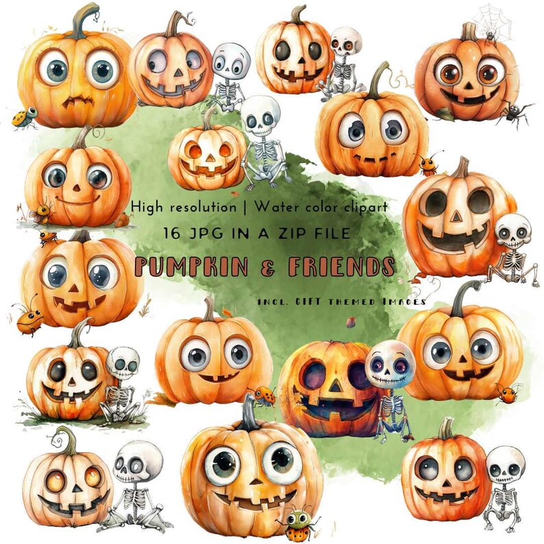 16 Watercolor Pumpkin Halloween Clipart Bundle, DIGITAL DOWNLOAD ...