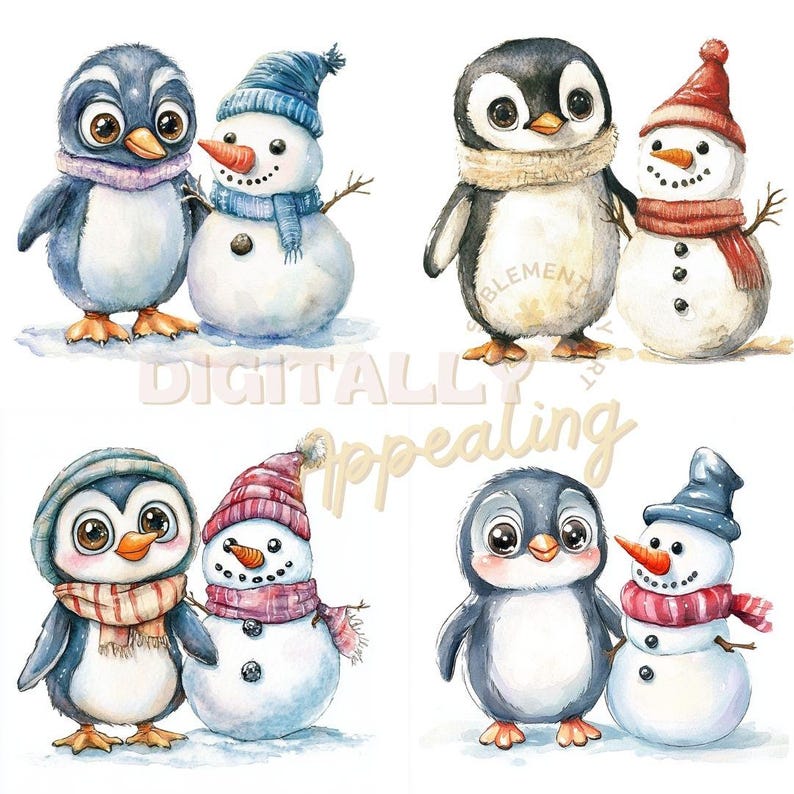 16 Watercolor Penguin Snowman Clipart Bundle, DIGITAL DOWNLOAD ...
